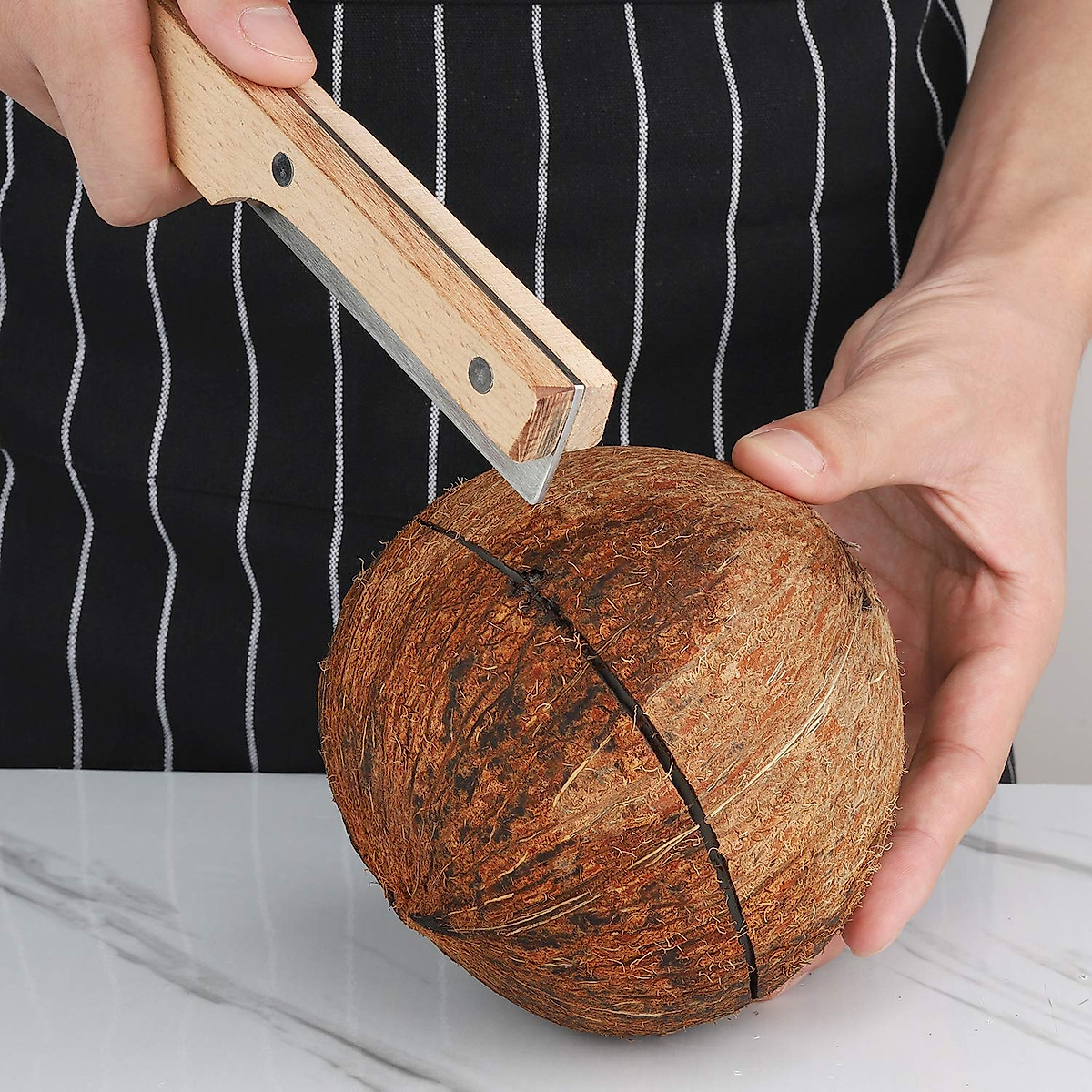 Coconut Opener Tool with Wooden Handle Stainless Steel Knife Opener Double Ended Coconut Cutter Kitchen Gadget Tools