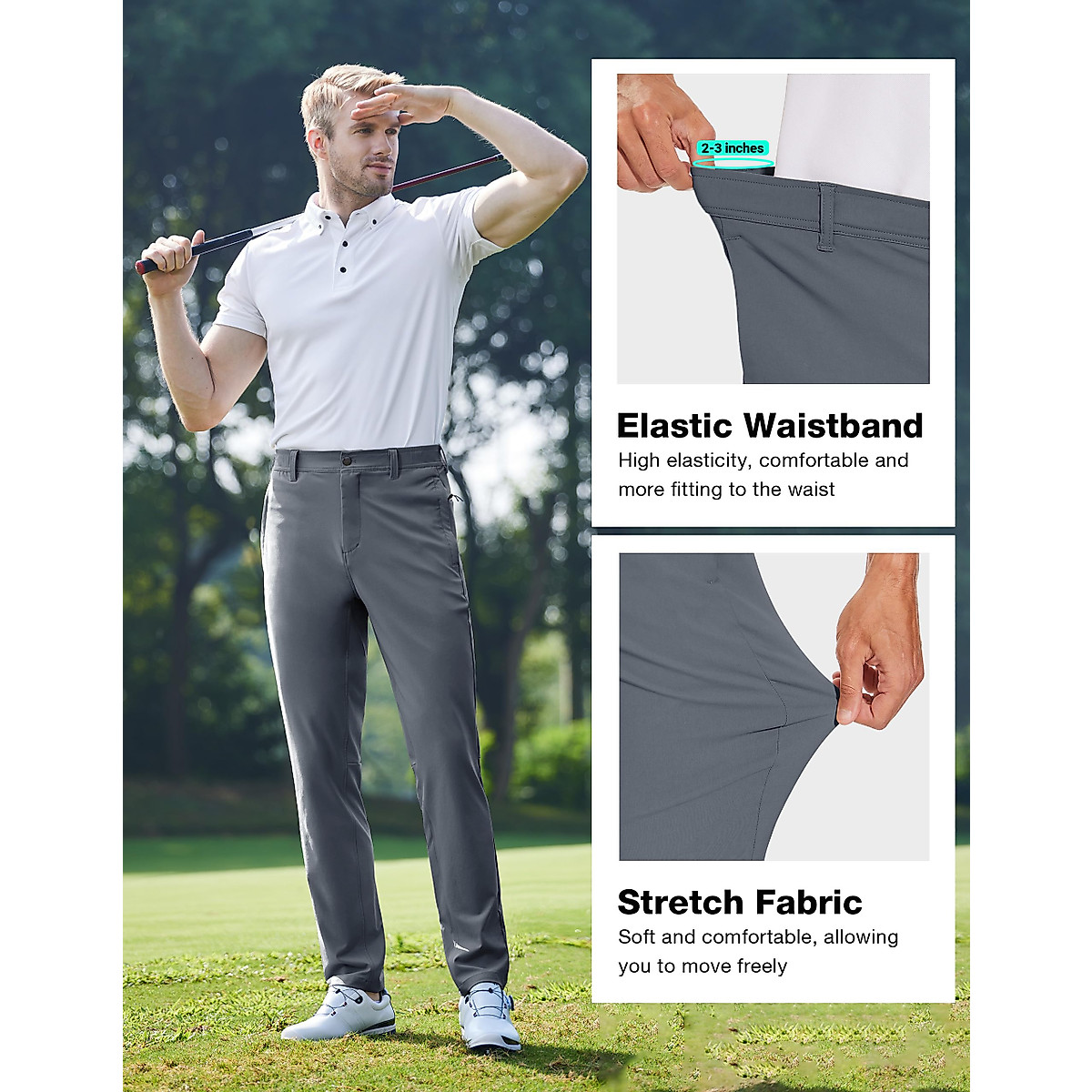 SPECIALMAGIC Golf Hiking Pants for Men Slacks Dress Pants Elastic Waist Casual Tapered Stretchy Slim Fit Denim Blue,32W30L