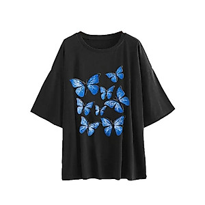Fenxxxl Womens Drop Shoulder Cute Oversized Shirt Butterfly Print Loose Junior Tops Casual Boyfriend Graphic Tee F491-395-Black M