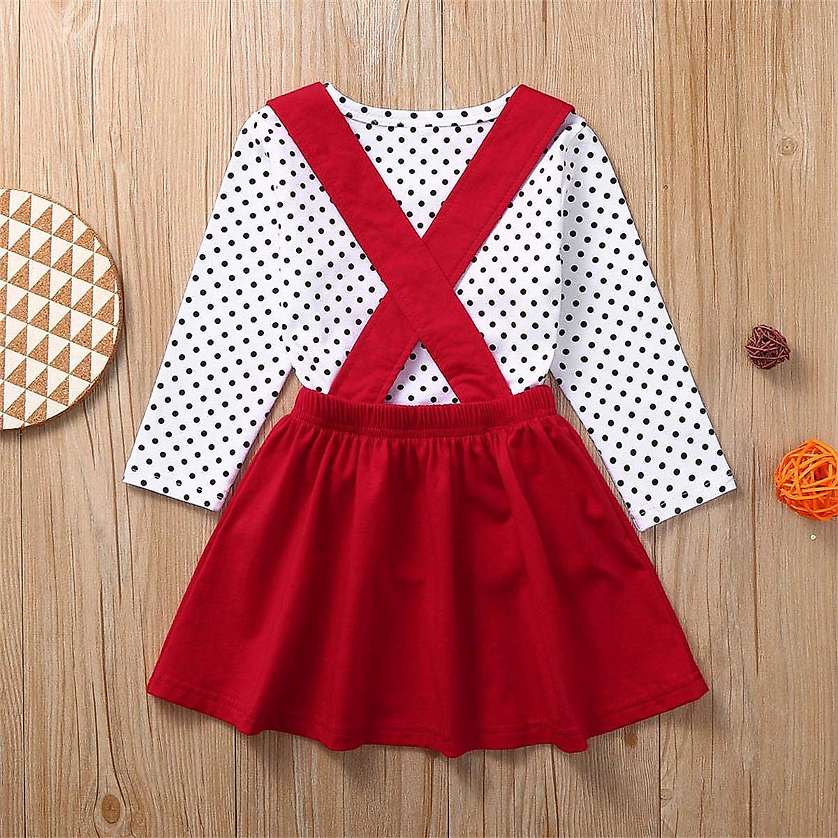 MODNTOGA Toddler Baby Girl Valentines Outfit Long Sleeve Dot Heart Shirt Top+Suspender Strap Red Skirts Set(18M-7Y) (Red, 2-3T)