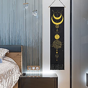 Lourny Sun and Moon Phase Wall hanging - 2 Pcs Long Black and White Tapestry Starry Night Sky Small Tapestries Decor for Bedroom Living Room(Black+White Moon)