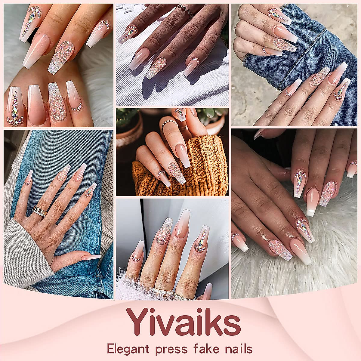 Yivaiks 24pcs Advanced Hand Made Glitter Gradient Pink Press on Nails Medium Length,Luxurious Crystal Gem Design Ballerina Long Coffin Fake Glue for Women Acrylic Perfect Accessory Banquets, Soirees, Parties(GD-004)