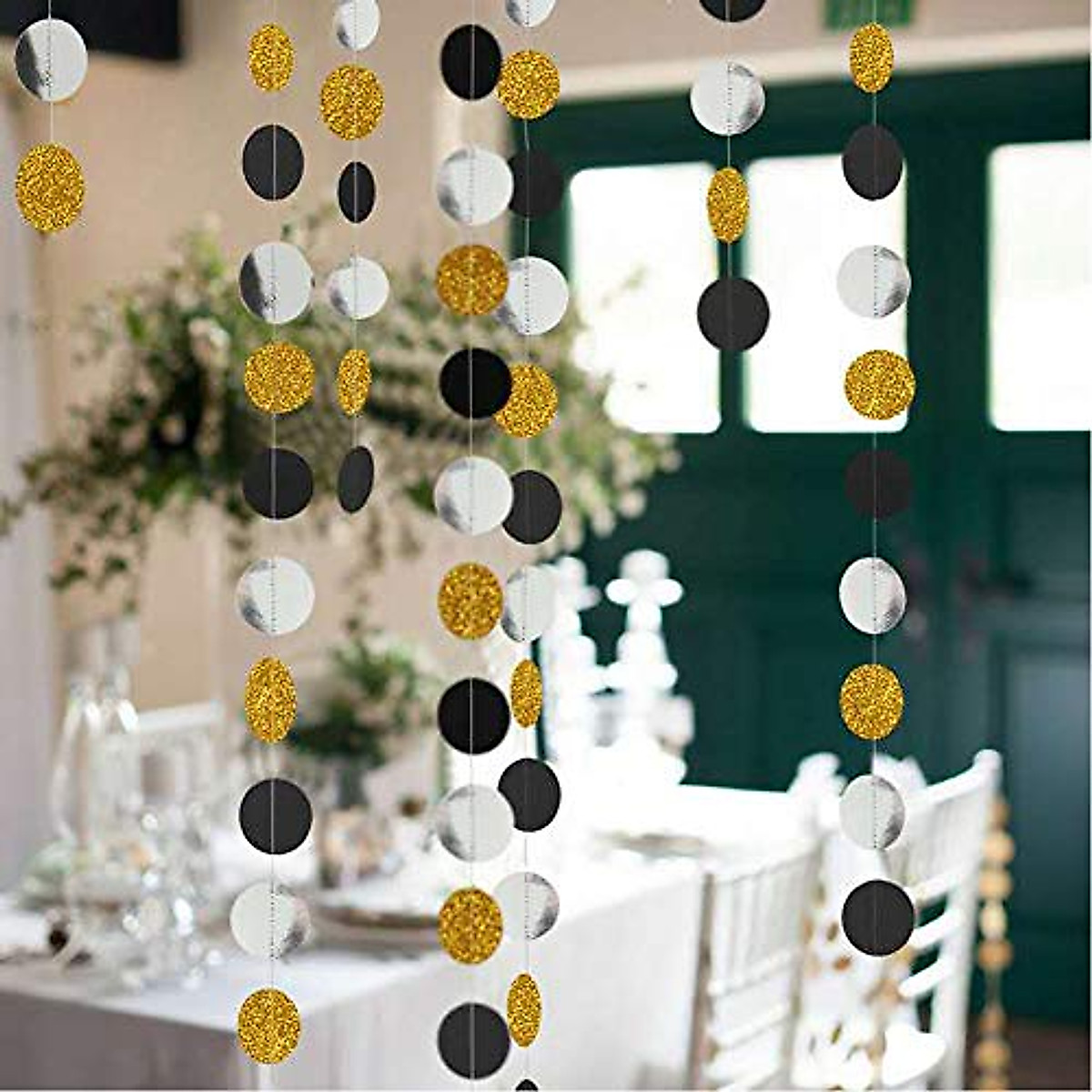 Black and Gold Circle Dots Garland Streamers Birthday Graduation Party Decorations, 52ft