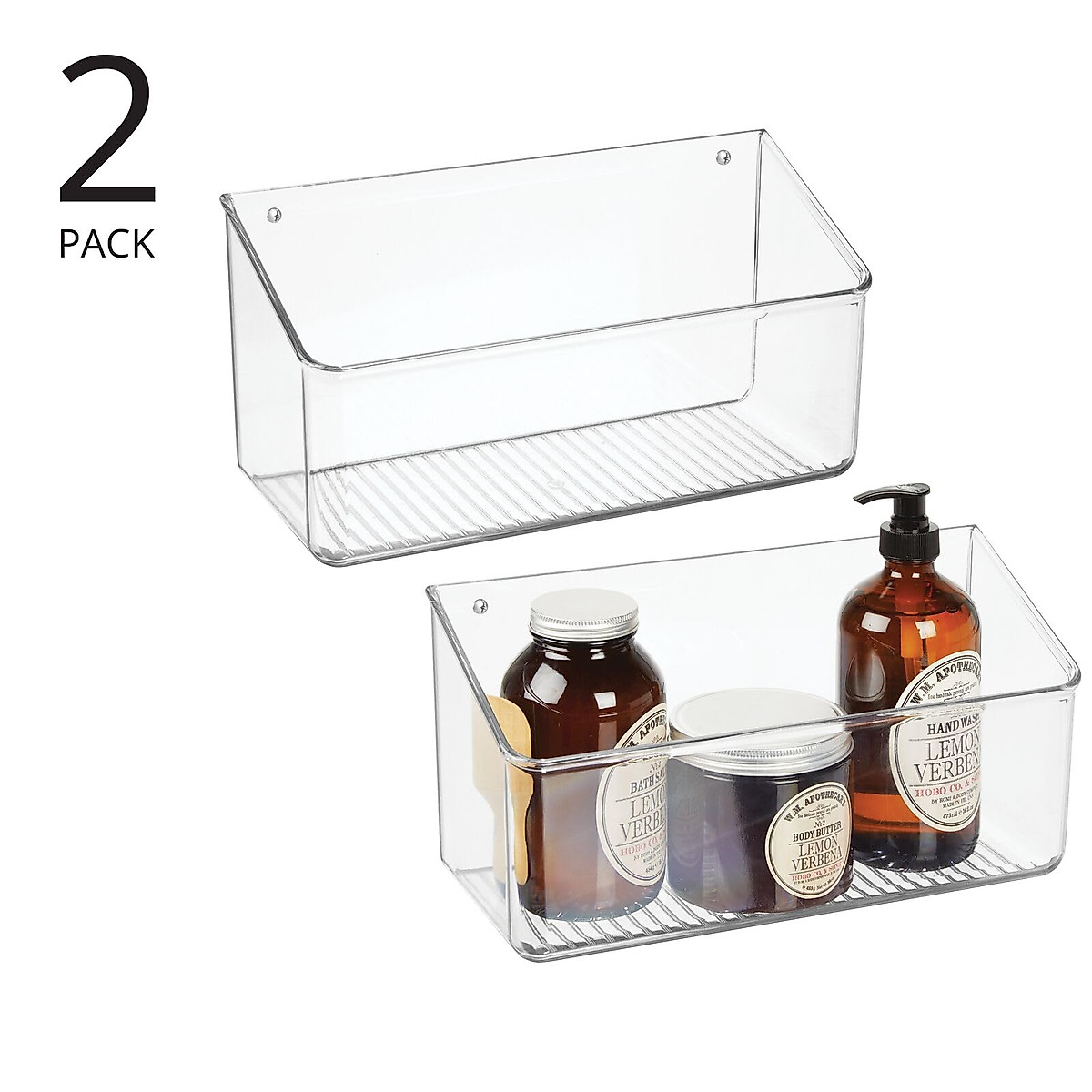 mDesign Plastic Wall Mount Organizer - 12" Wide Hanging Caddy for Home Storage - Angled Mountable Container Bin for Dorm, Bathroom, and Office - Phone Holder Basket - Ligne Collection - 2 Pack -Clear