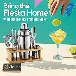 Mixology Bartender Kit with Stand | Silver Bar Set Cocktail Shaker Set for Drink Mixing - Bar Tools: Martini Shaker, Jigger, Strainer, Bar Mixer Spoon, Tongs, Opener | New Bartender Gift Idea