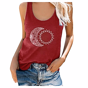 Padaleks Sun Moon Printed Tank Top for Women Casual Sleeveless Graphic Tees Shirts Loose Blouse Tunic Tops Vest