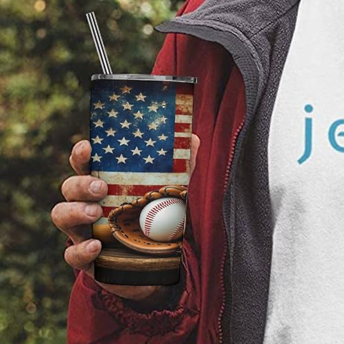 Baseball Glove America Flag (2) 20 OZ Stainless Steel Tumbler Travel Car Coffee Mug with Straw Lid Cleaning Brush Coffee Tumbler Mug for Women Men