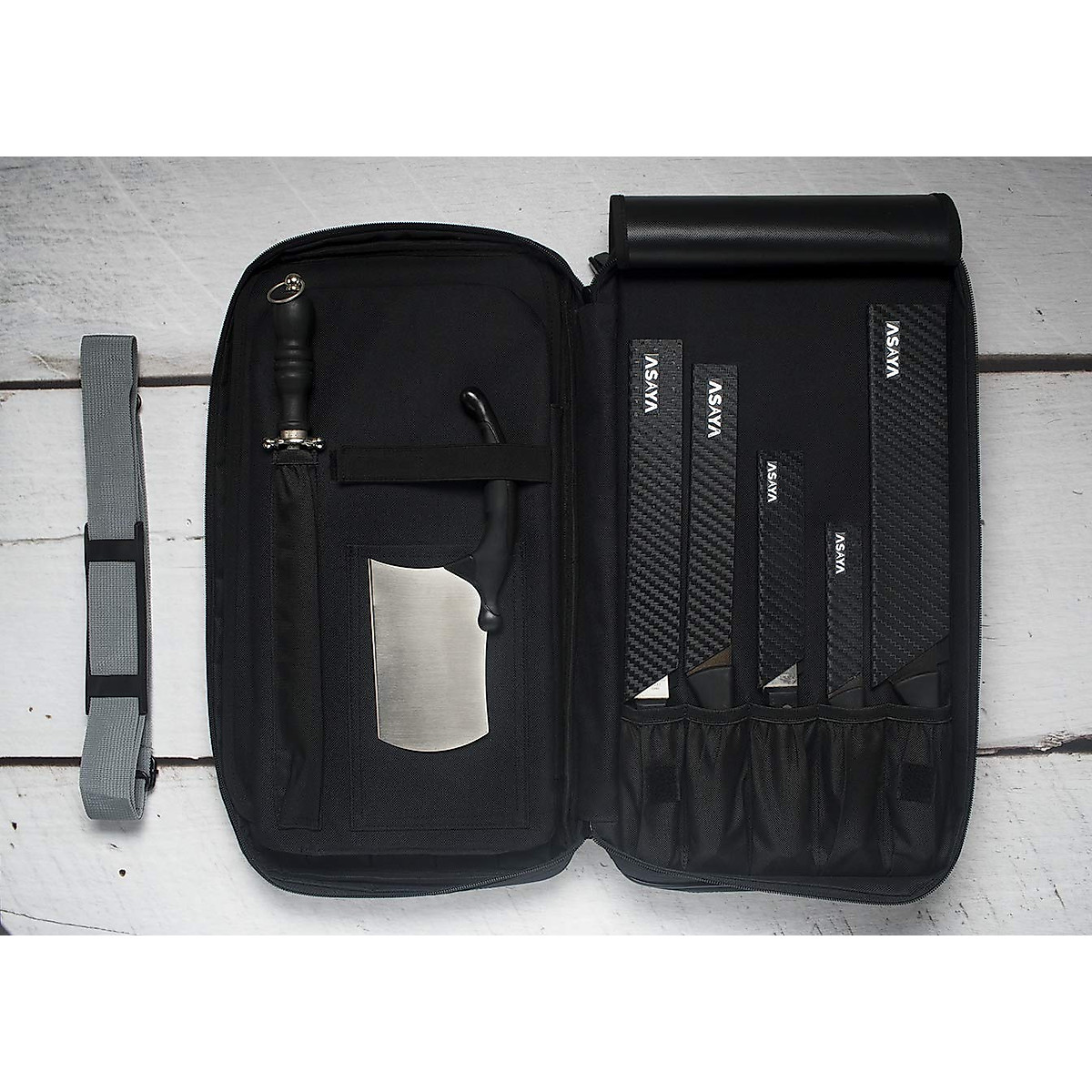 Asaya Chef Knife Bag - 28 Pockets for Knives and Kitchen Utensils - Durable Ballistic Nylon, Black Stainless Steel Hardware, Card Holder and Adjustable Shoulder Strap - Knifes not Included