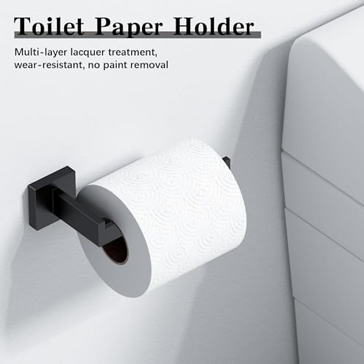 Matte Black Bathroom Hardware Accessories Set 5-Piece Towel Bar Set with Rotatable Square Towel Ring,Bath Towel Holder Set SUS304 Stainless Steel Wall-Mounted,16 Inch