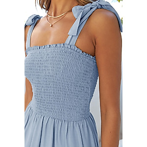 ZESICA Women's 2025 Summer Boho Spaghetti Strap Square Neck Solid Color Ruffle A Line Beach Long Maxi Dress,Blue,Small