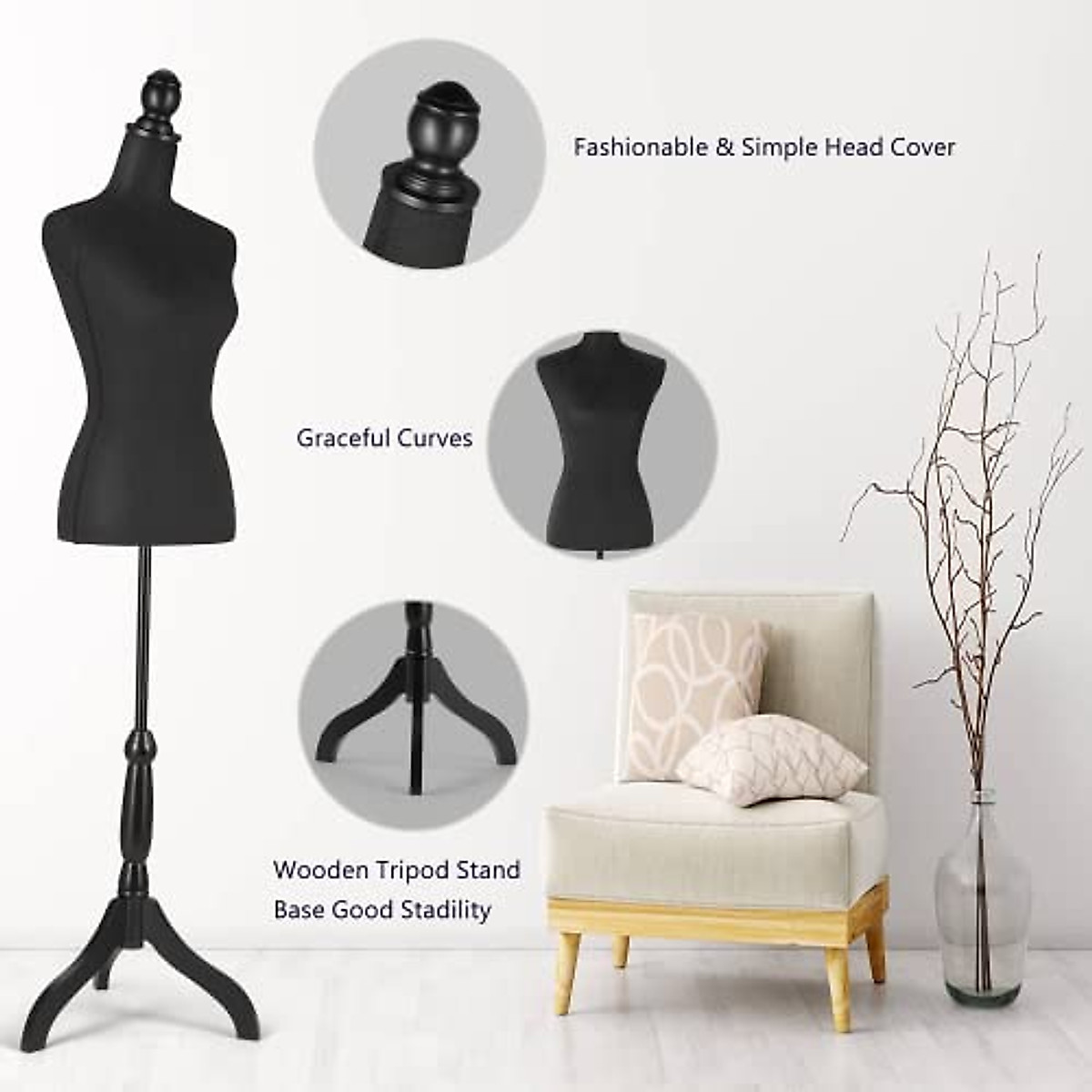 Encomle Dress Form Female Mannequin Torso, Height Adjustable Mannequin Body with Stand for Sewing, Display, Black