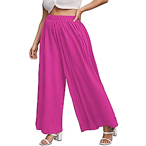 WDIRARA Women's Plus Size Pleated Elastic Waist Wide Leg Casual Long Pants Hot Pink 1XL