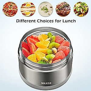 MAXSO Soup Thermos for Hot Food - 24 oz Vacuum Insulated Lunch Container with Foldable Spoon & Thermal Bag, Wide Mouth Bento Box for Adults (Silver)