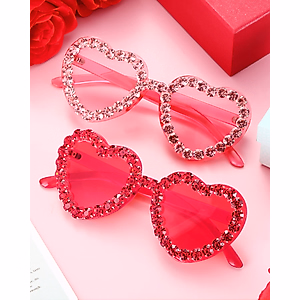 TOODOO 2 Pairs Rhinestone Heart Sunglasses Red Heart Shape Rimless Sunglasses for Women Transparent Heart Glasses (Pink, Rose Red)