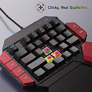 MageGee One Handed Professional Gaming Keyboard, RGB Backlit 35 Keys Mini Wired Mechanical Keyboard with Red Switch for PC Gamer, Support 6 Macro Keys - Black/Red