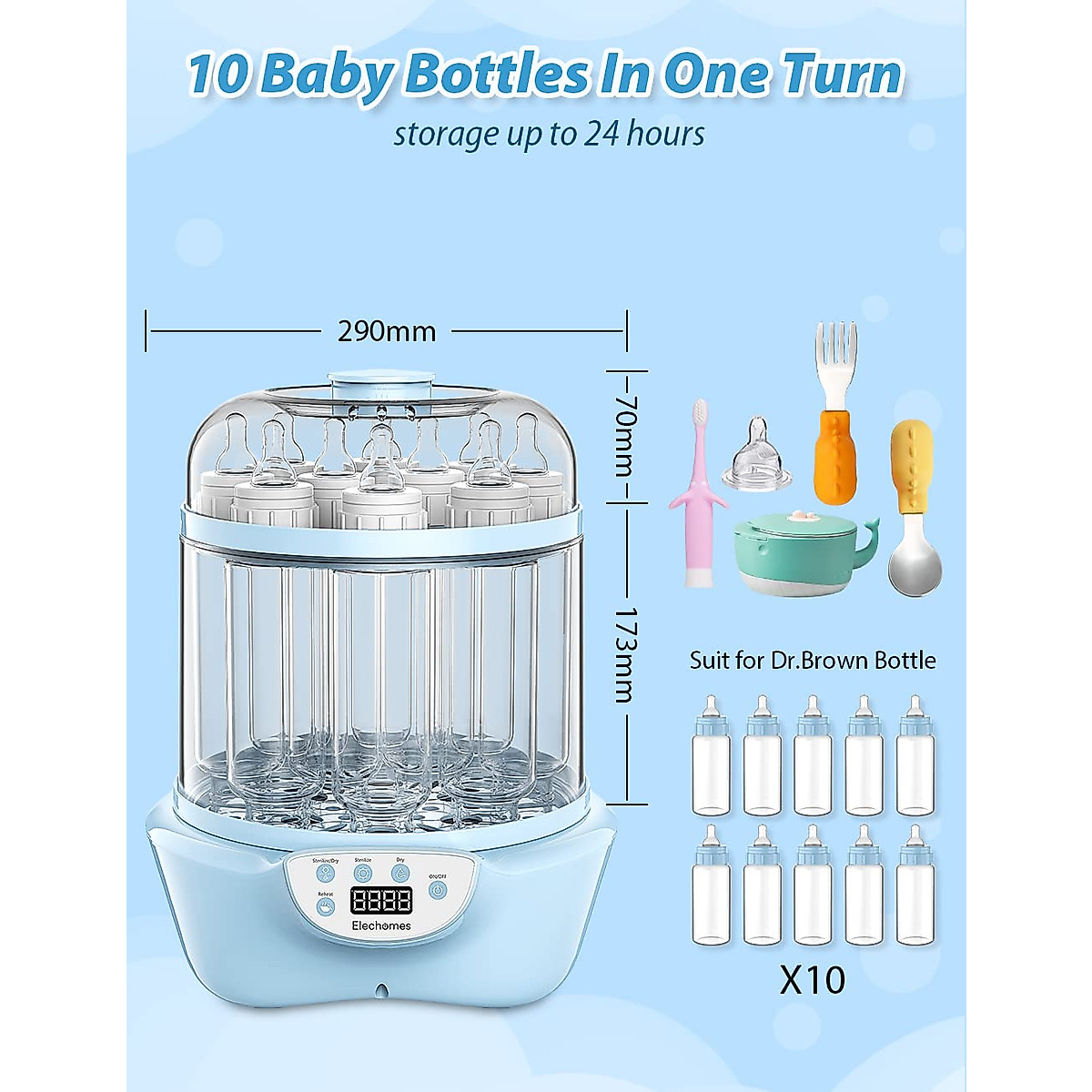 Baby Bottle Warmer and Dryer, Elechomes Electric Steam Warmer, Up to 10 Bottles, Super Large Capacity 600W Fast Bottle Warmer with LED Display, Auto Shut Off, BPA-Free