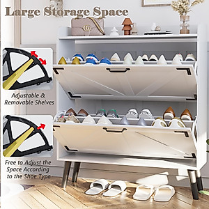 TXGDPIONEER Narrow Shoe Storage Cabinet,Hidden Shoe Cabinet with 4 Wooden Legs,31.5" W Farmhouse Style Freestanding Shoe Rack,White Shoe Cabinet with 2 Flip Drawers for Entryway,Hallways