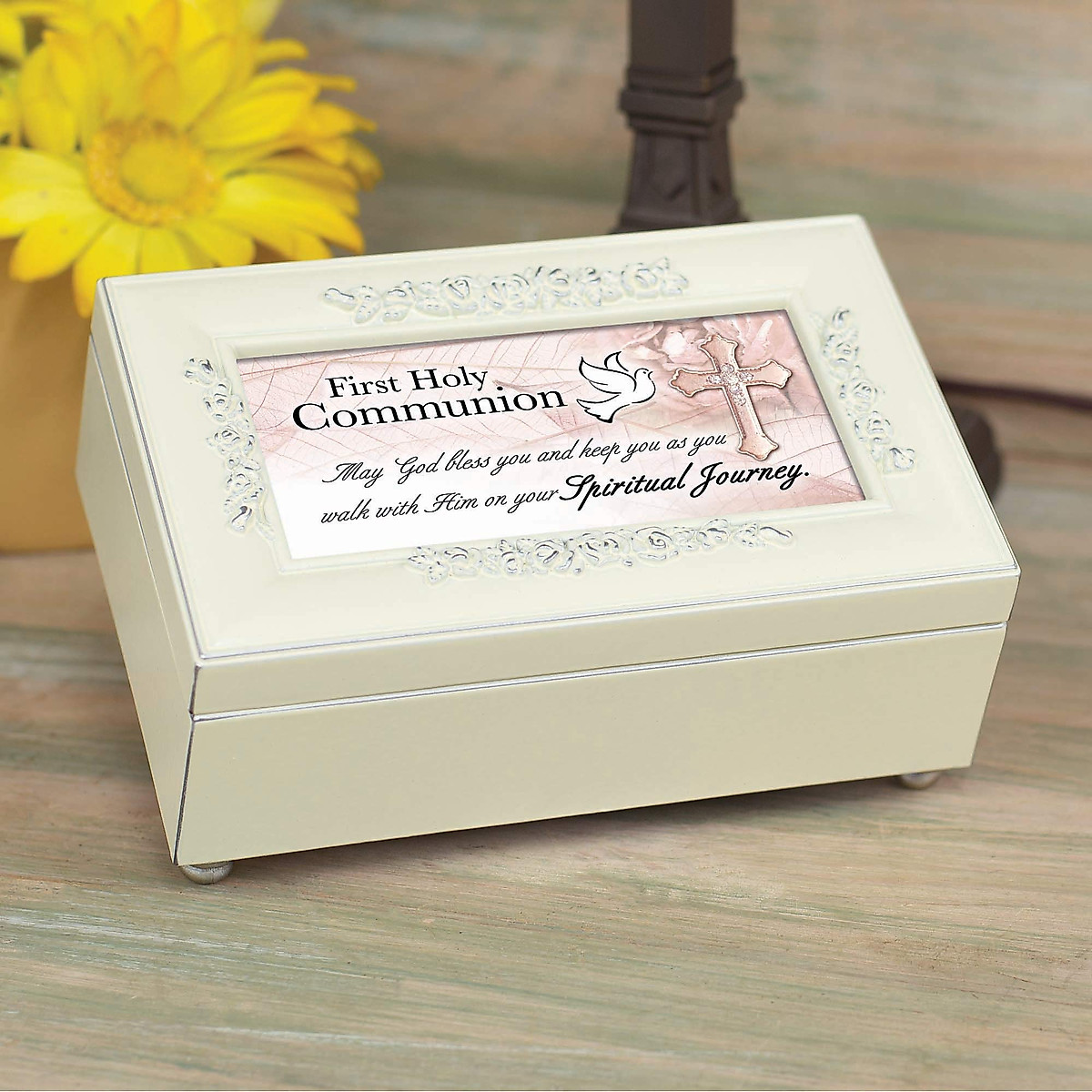 Cottage Garden First Holy Communion Spiritual Journey Ivory Petite Jewelry Music Box Plays Jesus Loves Me