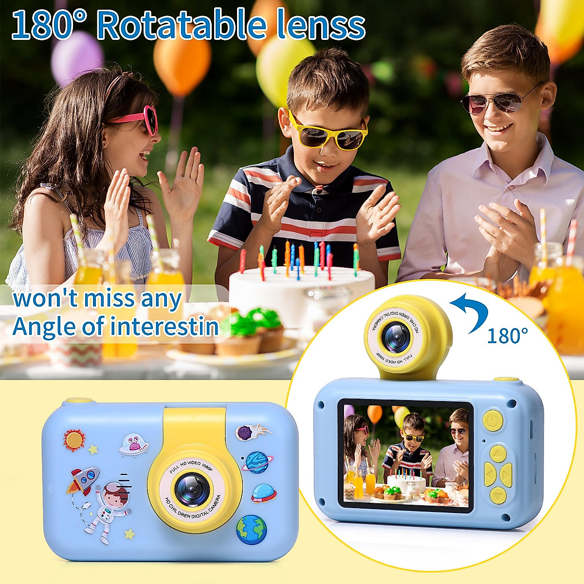 Kids Camera,2.4in IPS Screen Digital Camera,180°Flip Lens Camera,Children Selfie Camera with Playback Game,Christmas/Birthday Gift for 4 5 6 7 8 9 10 11 Year Old Girl Boy (Blue)