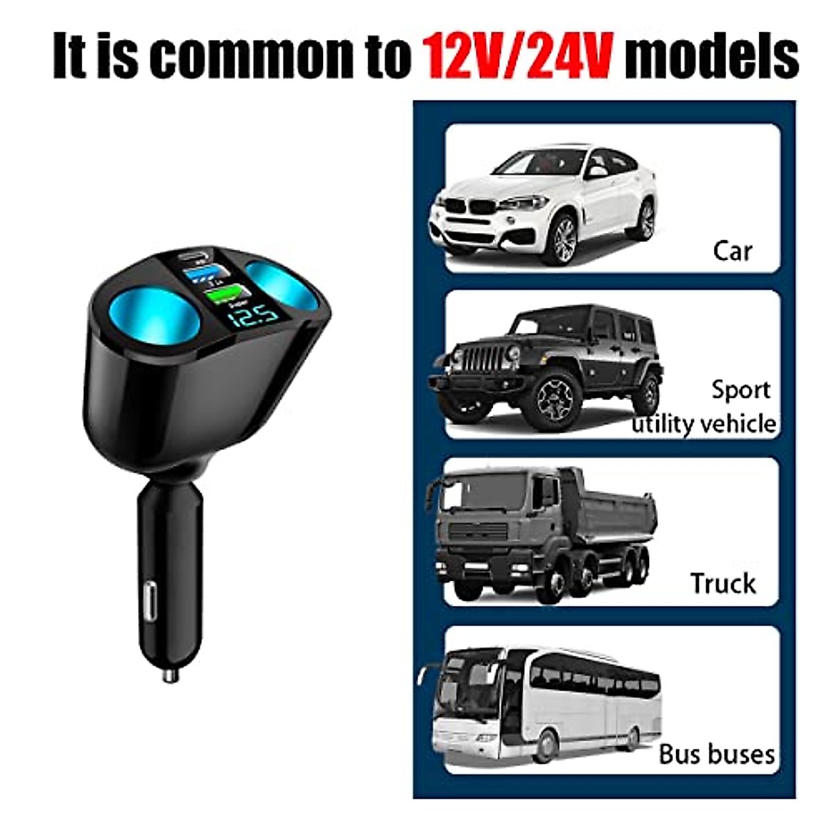 Car Cigarette Lighter Splitter, 2-Socket Cigarette Lighter Adapter with LED Voltmeter, Dual USB QC3.0 Type-C 20W PD Fast Car Charger, 12V/24V Car Splitter Adapter for Smart Phone GPS Dash Cam