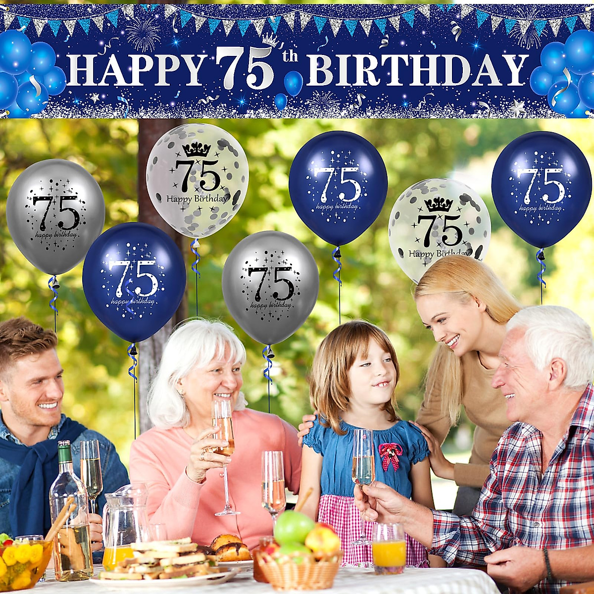 RUMIA Blue 75th Birthday Decorations for Men Women, Navy Blue Silver Happy 75th Birthday Yard Banner, Blue 75th Birthday Balloons for 75th Birthday Anniversary Party Decorations Supplies (A9143)