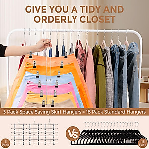 Tonswachic Pants Hangers with Clips - 6 Tiers Skirt Hangers - 3 Pack Pants Hangers Space Saving - Closet Organizer and Storage for Jeans Leggings Shorts (3 Pack with Extra One Purse Hanger Organizer)