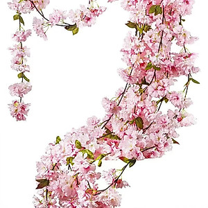 Rozwkeo 2pcs Artificial Cherry Blossom Garland Wall Hanging Cherry Vine Silk Floral Garland Flowers String Fake Flowers Garland for Home Wedding Indoor Outdoor Garden Wall Decor Party Decoration