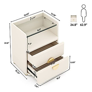 2-Drawer Nightstands Set of 2, Modern Night Stand with Open Tempered Glasses Storage Space, Wooden Bed Side Table for Bedroom, Side End Table for Living Room, Easy Assembly