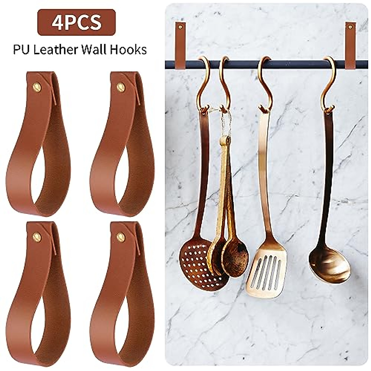 simarro 4Pcs PU Leather Hook Lanyard, Wall Hanging Straps Hanger Wall Mounted Hooks Towel Hook Curtain Rod Holder for Bathroom Kitchen Bedroom Boho Style Decor (Brown)