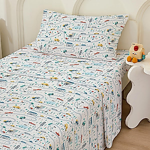 Bedmoon Boys Twin Sheets, Kids Car Truck Bed Sheet Set with Non-Slip Fitted Sheet, Boys Soft Microfiber Twin Sheets & Pillowcases, White
