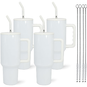 FECBK 40 oz Sublimation Tumbler with Handle and Straw Keeps Cold for 34 Hours Leakproof Double Wall Vacuum Insulated Travel Mug 40 oz Stainless Steel Cup Tumblers Bulk Sublimation Blank White 4 Pack