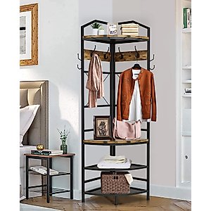 Recaceik Corner Hall Tree Coat Rack with 6 Double Hooks, Wood Home Organizer Shoe Bench Shelf for Entryway, Hallway, Closet, Rustic Brown