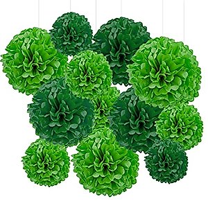 Dark Green Tissue Hanging Paper Pom Poms,Light Green Pom Poms Flower Ball Wedding Birthday Party Decoration （6Pcs 12in Pom Pom & 6Pcs 10in Pom Pom）