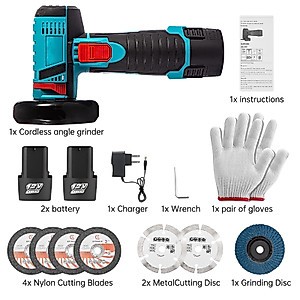 Housiwill Angle Grinder Tool, Mini Angle Grinder, Cordless Electric Angle Grinding Tool 12V 19500RPM with 2PCS 2000mAh Battery, Nylon Cutting Blade-s/Grinding Disc/Metal Cutting Disc (Green+blue)