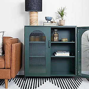 Creative Co-Op Solstice Metal Cabinet with 2 Arched Glass Doors, Dark Green
