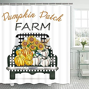 Ikfashoni 4Pcs Fall Shower Curtain Set with Non-Slip Rugs, Toilet Lid Cover and Bath Mat, Thanksgiving Farmhouse Truck Shower Curtain with 12 Hooks, Autumn Pumpkin Shower Curtain for Bathroom