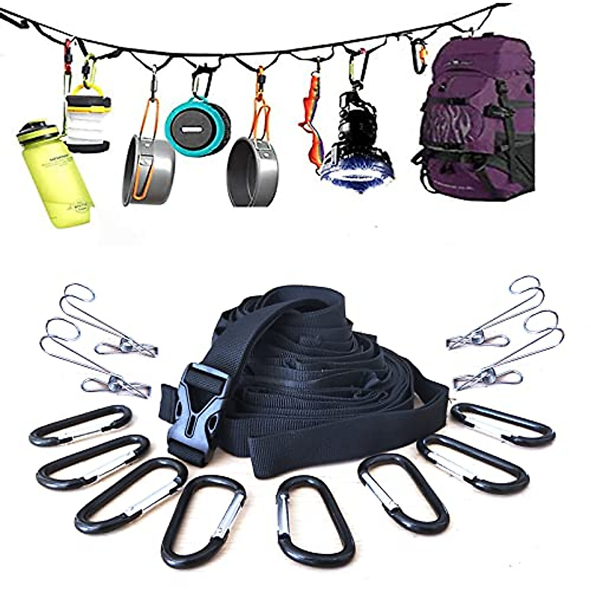 19-Ring Travel Hanger Clothesline,Outdoor Camping Lanyard Hanger Strap,20ft Clothesline with 8pcs Carabiner,4 Hooks,1 Storage Pouch for Travel Hiking Picnic Camper Family RV