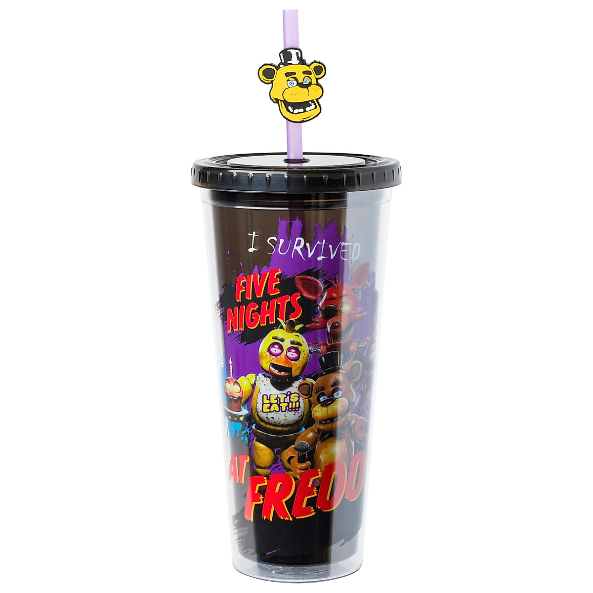 Silver Buffalo Five Nights at Freddy's I Survived Plastic Cold Cup with Lid and Topper Straw, 24 Ounces
