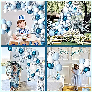 Blue Balloons Garland Arch Kit, 136pcs Metallic Blue White Silver Confetti Balloons Baby Blue Balloon Arch Kit for Boy Baby Shower Birthday Wedding Frozen Party Decorations