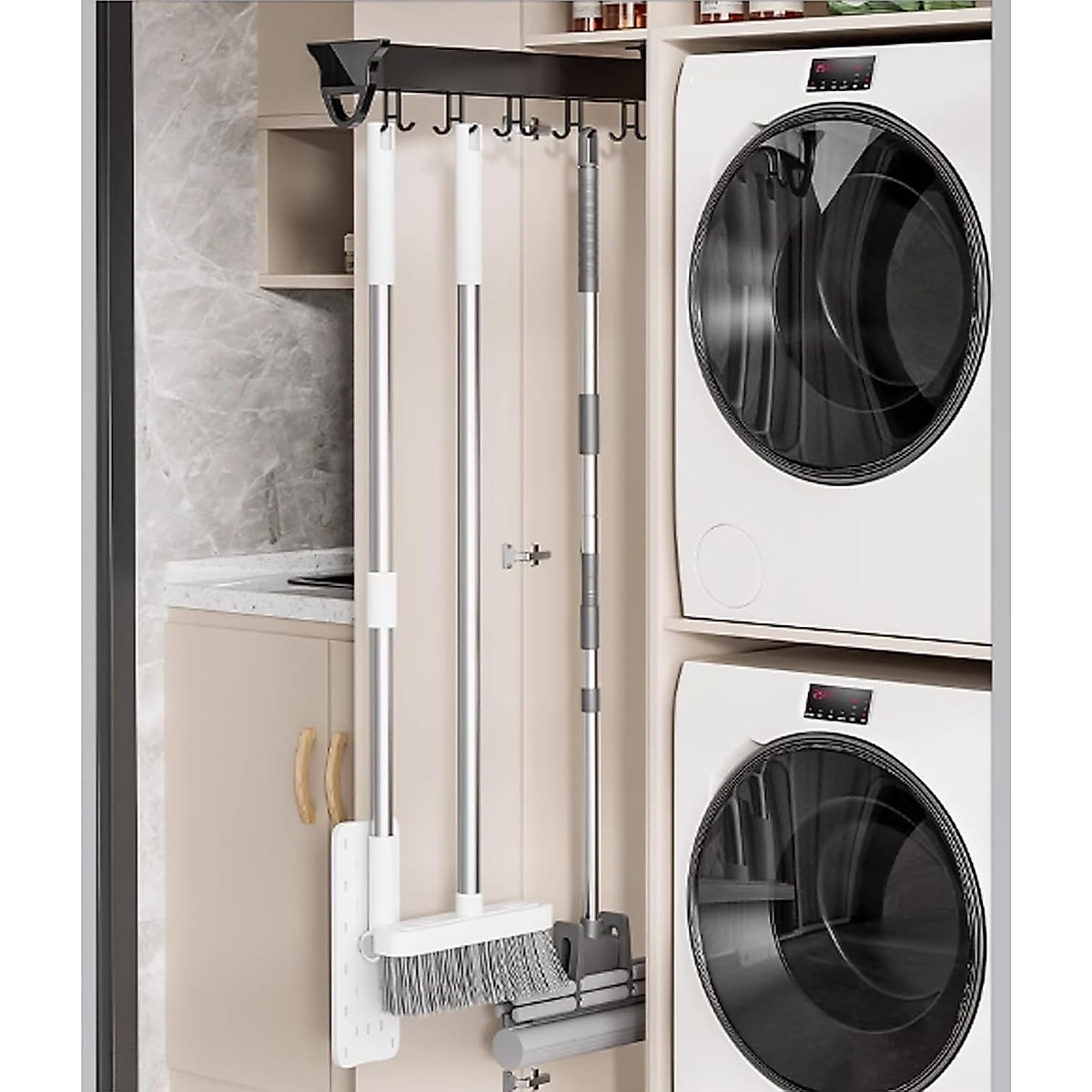 Pull Out Mop Broom Holder & Organizer Tool Racks with 12-20 Heavy Duty Hooks Pull Out Pot And Pan Organizer Multifunctional Sliding Under Cabinet Organization - Kitchen, Closet, Garage Storage ( Size