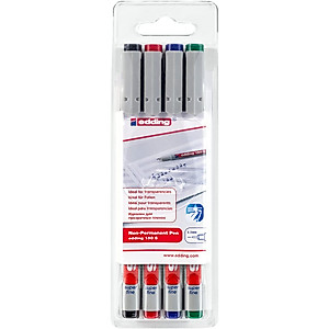 Edding 150 S non-permanent pen - set of 4 - black, red, blue, green - round nib 0.3 mm - pen for writing on glass, plastic, foils and smooth surfaces - quick-drying, can be corrected with water