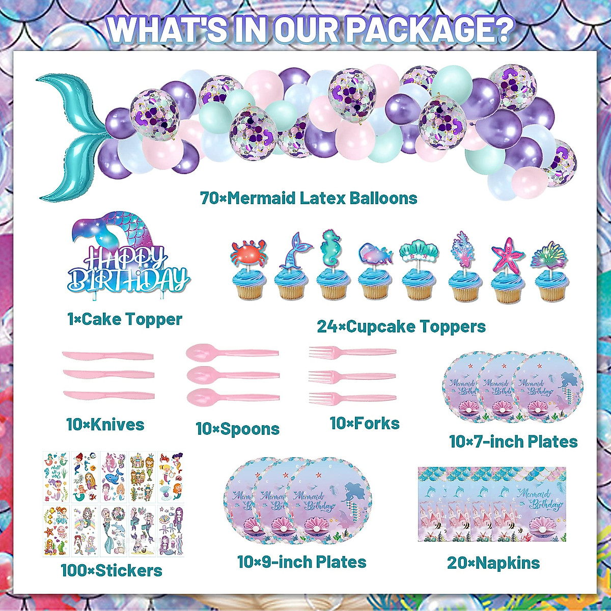 274 Pcs Mermaid Birthday Decorations, Mermaid Party Decorations for Girls, Mermaid Theme Party Set Include Banners, Mermaid Backdrop, Cake Toppers, Mermaid Balloons, Plates, Tableware