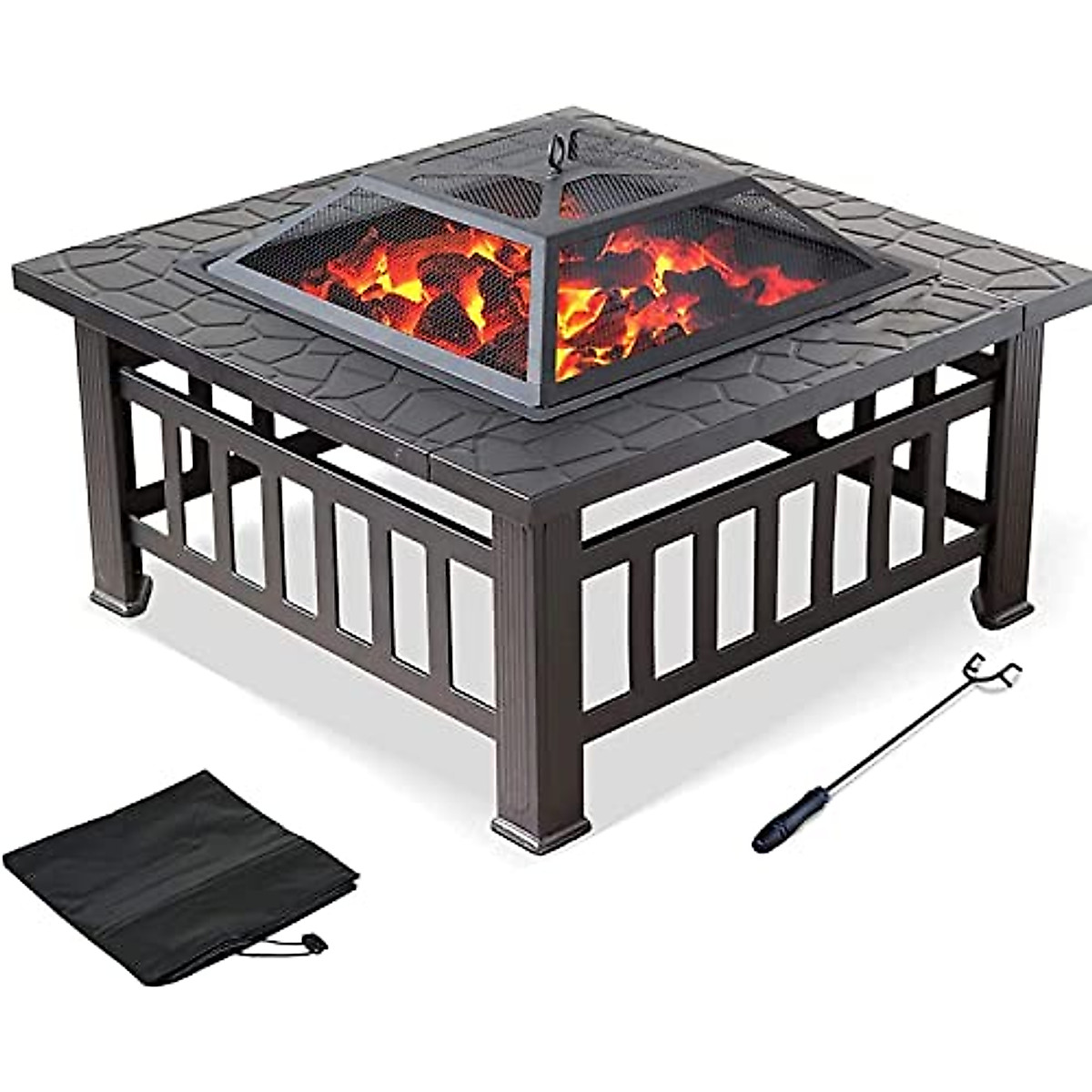 LEAYAN Garden Fire Pit Grill Bowl Grill Barbecue Rack 32In Outdoor Fire Pit Metal Square Firepit Patio Stove Wood Burning BBQ Grill Fire Pit Bowl with Spark Screen Cover, Poker