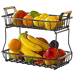 2 Tier Fruit Storage Basket Countertop for Kitchen, Bread Vegetable Farmhouse Fruit Basket Bowl Stand Detachable Metal Wire Basket with Wooden Handle for Kitchen, Reception, Dining Table（Black）