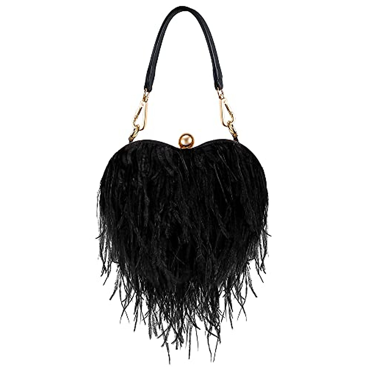 Women Ostrich Feather Tote Bag Heart Shaped Fluffy Purse Clutch Feather Purse Feather Evening Handbag for Wedding Party(Black)