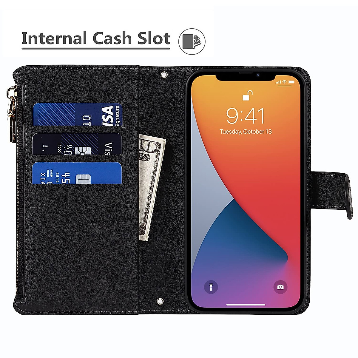 iCoverCase Crossbody Wallet Case for iPhone 12/12 Pro, Black PU Leather Flip Case with Strap, Card Holder, Kickstand, 6.1 Inch