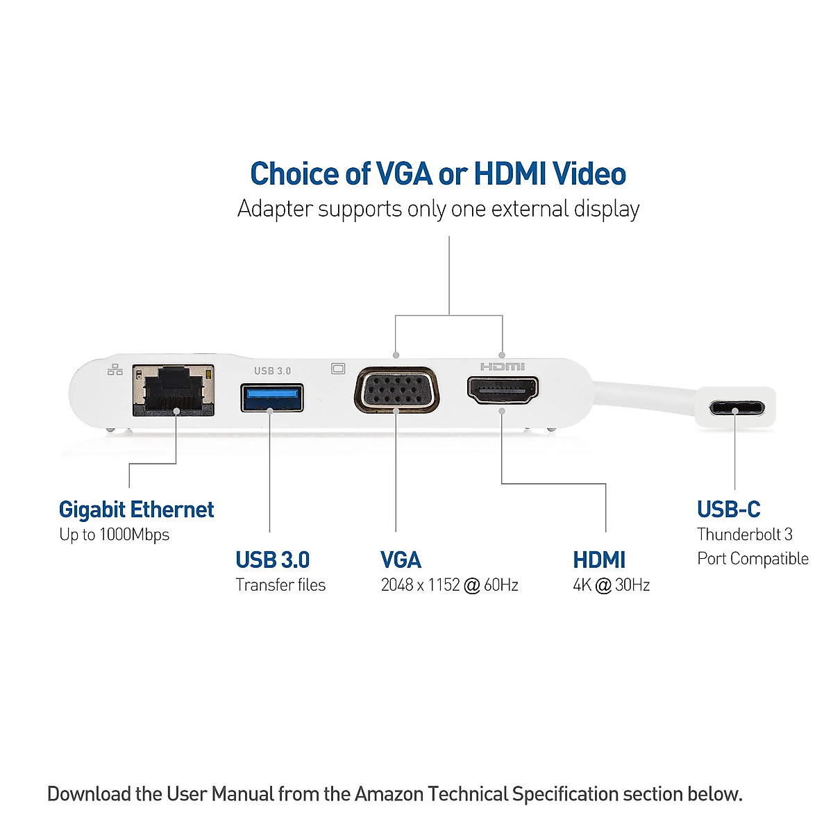 Cable Matters USB C Multiport Adapter (USB C Dock with USB C to HDMI or USB C to VGA), USB 3.0 and Ethernet White - Thunderbolt 4 / USB4 / Thunderbolt 3 Port Compatible with MacBook Pro, Dell XPS