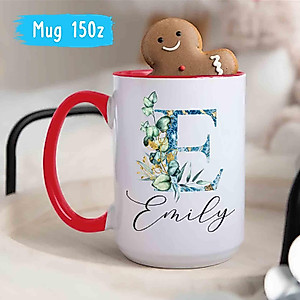 Yanria Personalized Floral Alphabet Mug, Ceramic, 11oz, Microwave & Dishwasher Safe, Custom Name Mug Gift for Women & Men