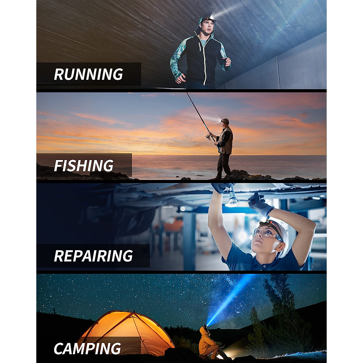 Anylight Rechargeable LED Headlamp with Stepless Dimming and Motion Sensor, IP65 Waterproof Headlight for Repairing, Running, Camping, Hiking(2 Packs)