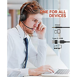 NUROUM Single Ear Computer Headset with Microphone,Wired AI Noice Cancelling Headset with USB in-line Control,USB/Type-C/3.5mm Jack for Calling/Gaming/Conference/Music